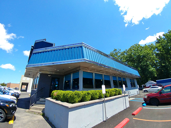 The bright blue trim of East Penn Diner pops against the clear Pennsylvania sky &ndash; a colorful promise of classic American fare inside.