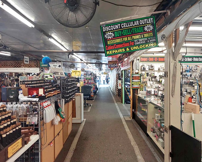 A maze of gadgets and gear. It's like your tech-savvy uncle's garage exploded, but everything's organized and priced to sell!