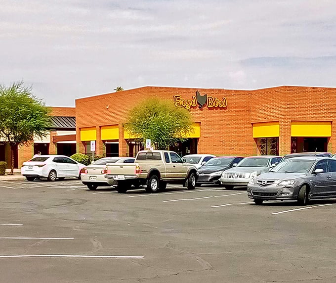 That bright yellow Fryd Bird sign isn't just decoration - it's a beacon for chicken lovers.