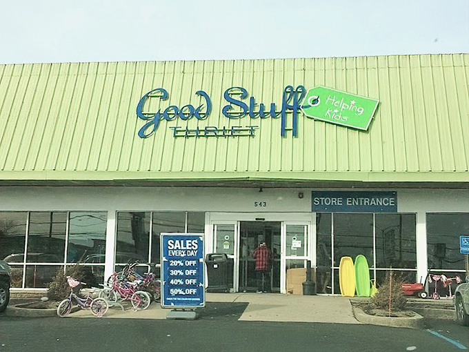 The entrance to Good Stuff beckons with promises of unexpected finds. Like a garage sale curated by your most organized friend!