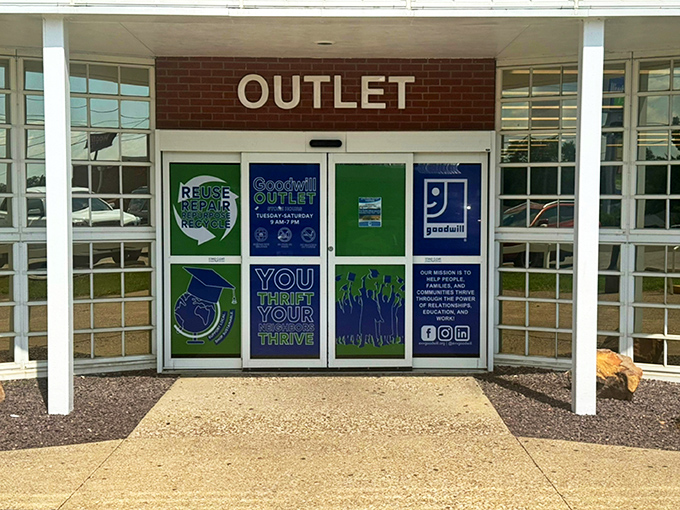 "You Thrift, You Thrive" - Goodwill's clever door messaging says it all. The entrance to bargain heaven awaits!