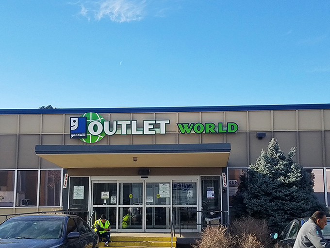 The unassuming exterior of Goodwill Outlet belies the bargain bonanza waiting inside those sliding doors.