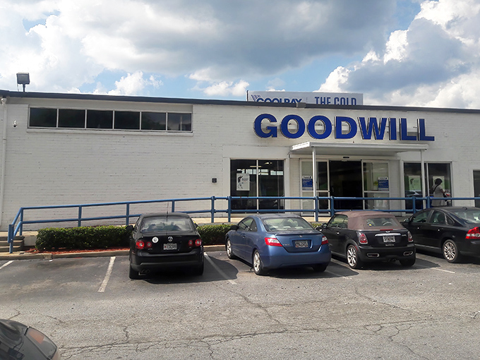 That classic Goodwill blue never looked so inviting - like a welcome mat for bargain hunters.