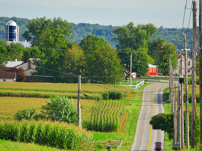 White farmhouses dot the landscape like scattered pearls on emerald velvet countryside.