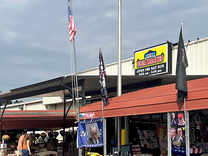 Stars, stripes, and serious shopping - this covered market keeps politics and bargains under one roof.