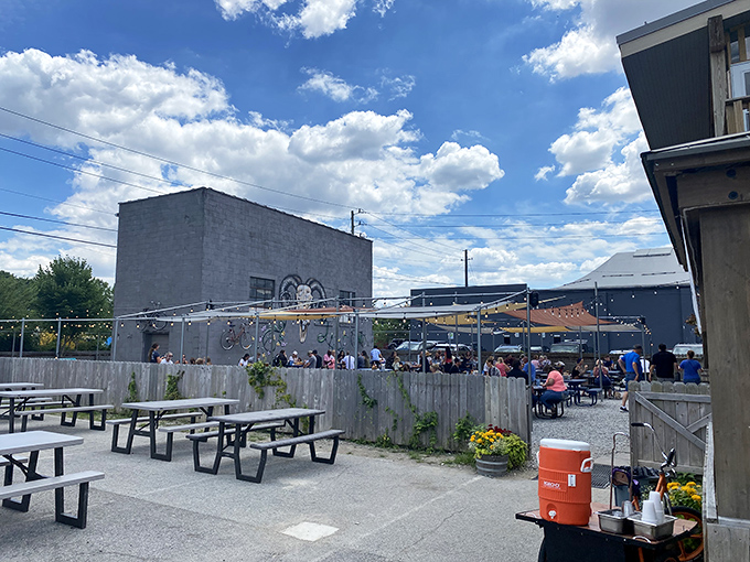String lights and outdoor vibes create the perfect backdrop for craft beer meeting slow-smoked perfection in barbecue harmony.