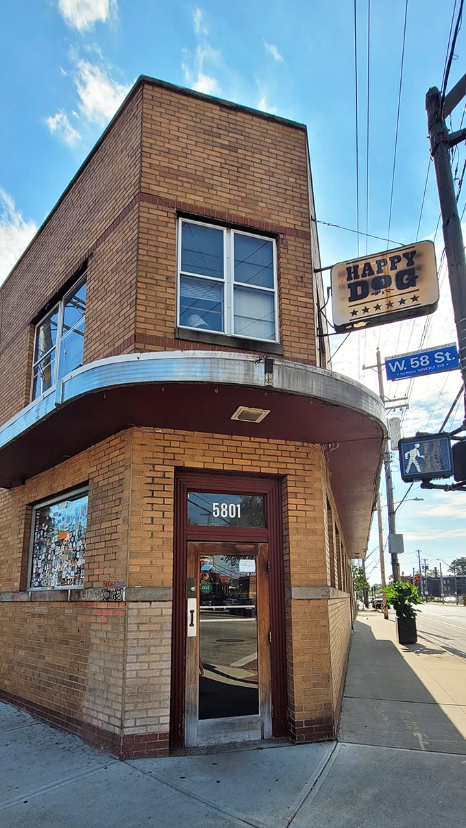 The sturdy brick facade hints at the solid reputation and creative hot dog magic happening inside.