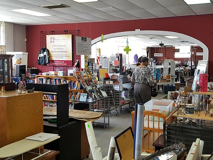 Inside this welcoming space, organized racks and friendly atmosphere make treasure hunting feel like a delightful neighborhood stroll.