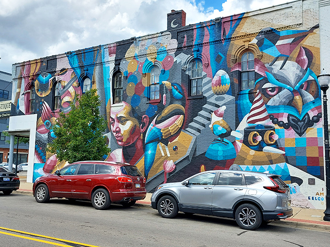 Street art meets vintage finds - where modern creativity frames timeless treasures in perfect harmony.