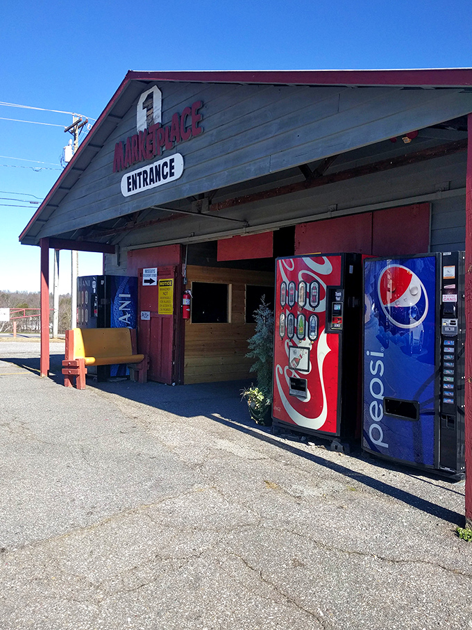 Classic red building and vintage vending machines set the perfect tone for your Morganton shopping adventure.