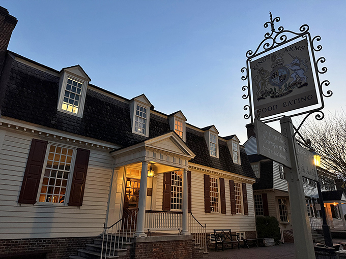 Evening glow transforms this historic tavern into pure dining romance, candlelight and all included naturally.