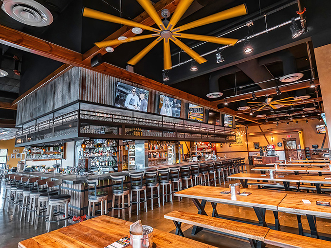Inside King's BierHaus, rustic wood meets industrial chic - a temple to beer where every detail honors the craft.