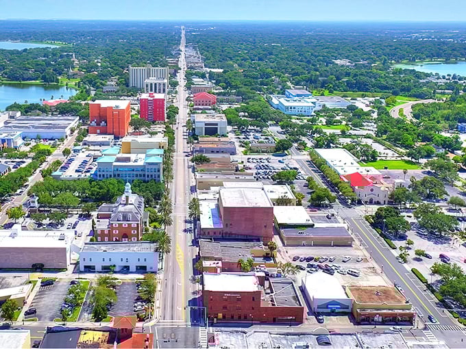 A bird's-eye view of Lakeland reveals tree-lined streets where budget-conscious diners discover hidden culinary gems.