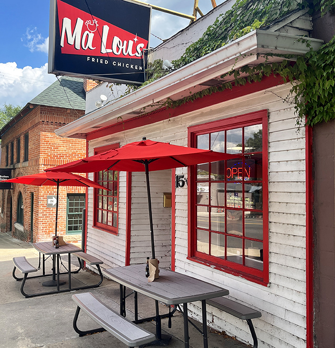 Those red-trimmed windows frame a chicken paradise. Ma Lou's outdoor tables practically beg you to linger over one more piece.