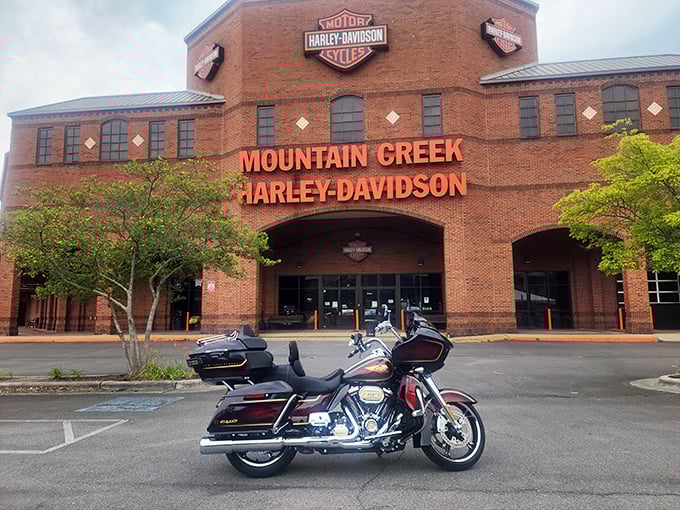 That gleaming Harley catches your eye, but the real treasures wait inside these modern storefronts.