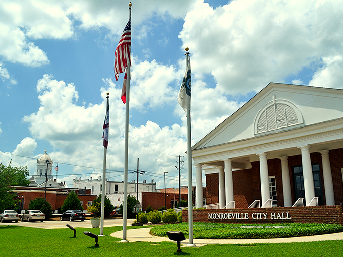 Monroeville's city hall gleams white as fresh cotton, befitting Harper Lee's literary hometown.