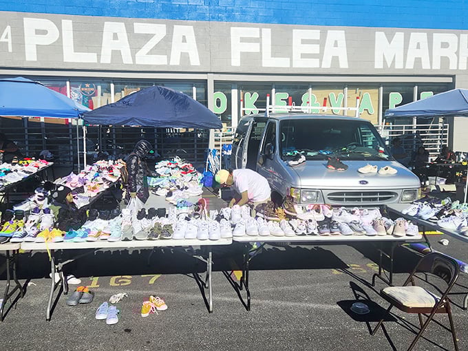 Rows of footwear create a rainbow of possibilities for families seeking style without breaking budgets.