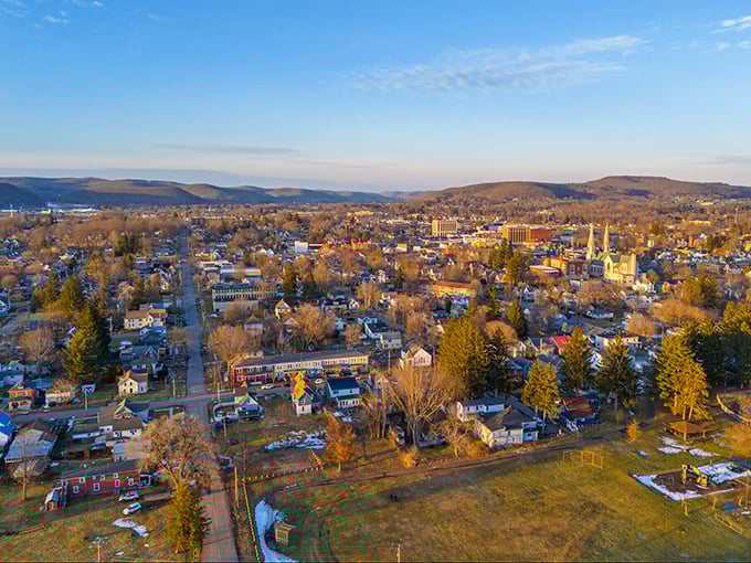 Sunlight bathes Olean's main thoroughfare, highlighting brick facades and budget-friendly businesses. Small-town prices with big-city charm!
