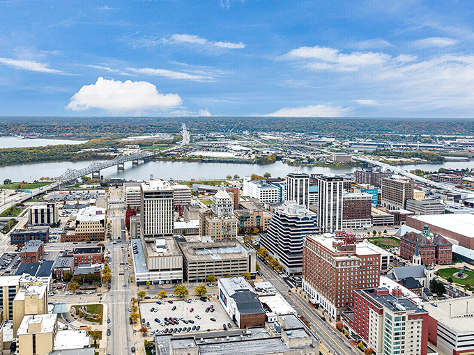 The mighty Illinois River cradles Peoria's downtown, where affordable housing options sit just minutes from waterfront recreation.