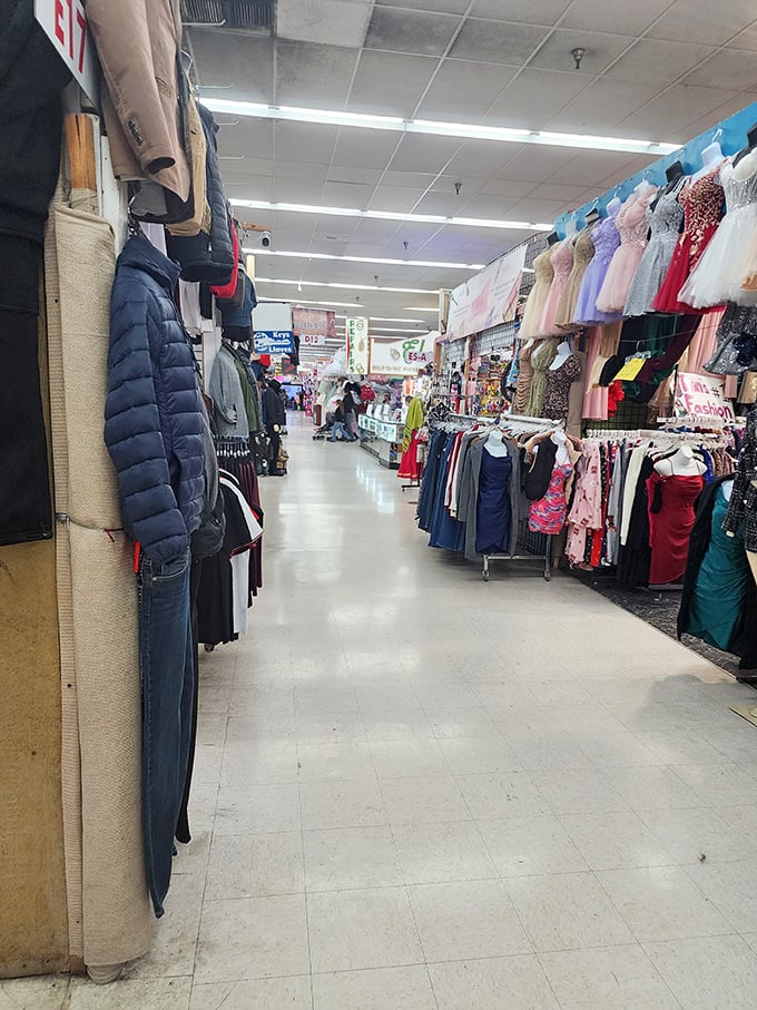 These pristine aisles lined with clothing racks prove indoor flea markets can rival department stores for selection.