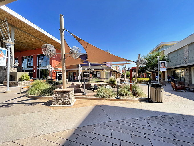 Midday shopping takes on a magical quality at Phoenix Premium Outlets, where desert landscaping meets retail therapy.