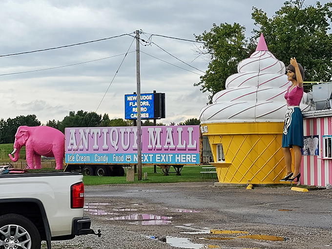 Pink elephants and antique dreams come together in this roadside treasure chest that never forgets customers.