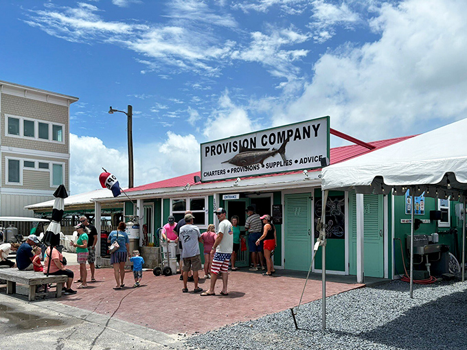 Nothing says "authentic coastal dining" quite like crowds gathering at a genuine waterfront provision company.