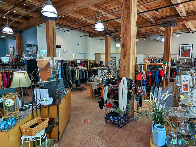 Exposed wooden beams and thoughtful displays transform secondhand shopping into a boutique experience. Marie Kondo would find joy here!