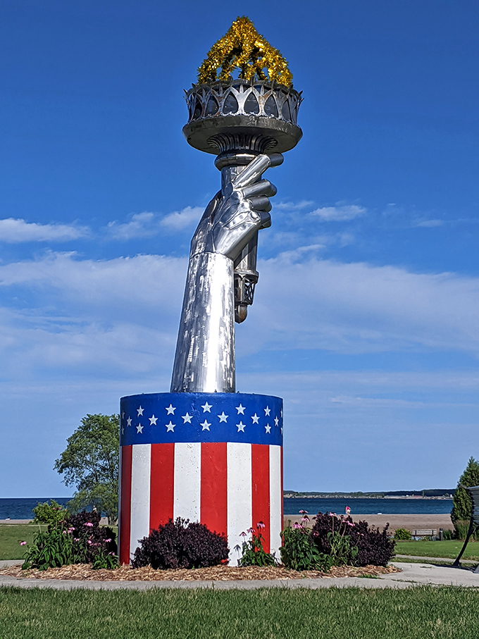 That giant torch replica reminds everyone that freedom includes the right to take life at your own speed.