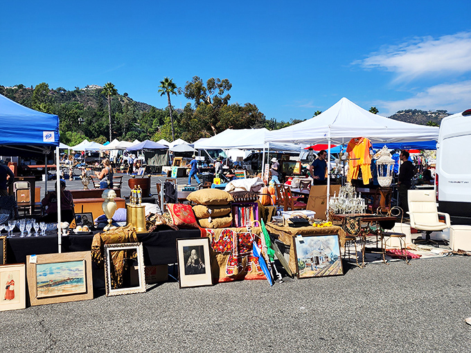 Palm trees frame the perfect California flea market scene, where treasure hunting meets Hollywood glamour beautifully.