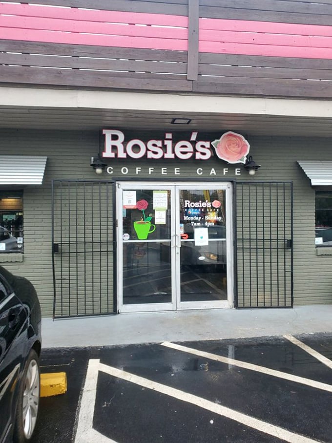 That pink rose logo hints at the sweet surprises waiting behind these unassuming doors.