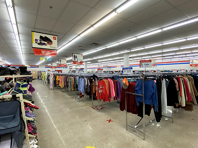 Those bright fluorescent lights illuminate racks of possibilities where every aisle holds potential golden finds.