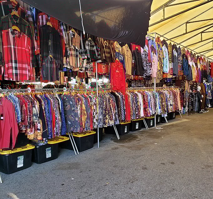 Rainbow of shirts, forest of hangers. The clothing section at San Jose Flea Market offers fashion finds that won't require a Silicon Valley salary.