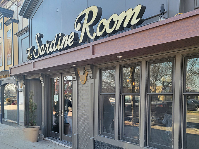 The Sardine Room's refined exterior hints at coastal sophistication tucked into downtown Plymouth's heart.