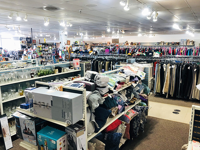 Bright warehouse lighting means no more squinting at mystery stains or questionable fabric choices.