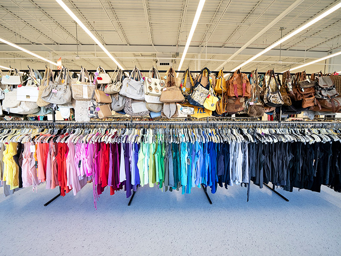 Rows of colorful clothing create a rainbow of possibilities - shopping therapy at its finest!