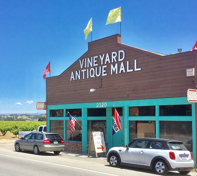 American flags flutter outside this treasure trove where wine country meets vintage country.