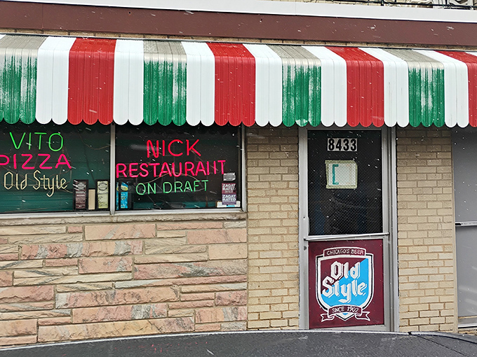 Green, white, and red stripes that promise thin crust squares cut the way your grandpa liked them.