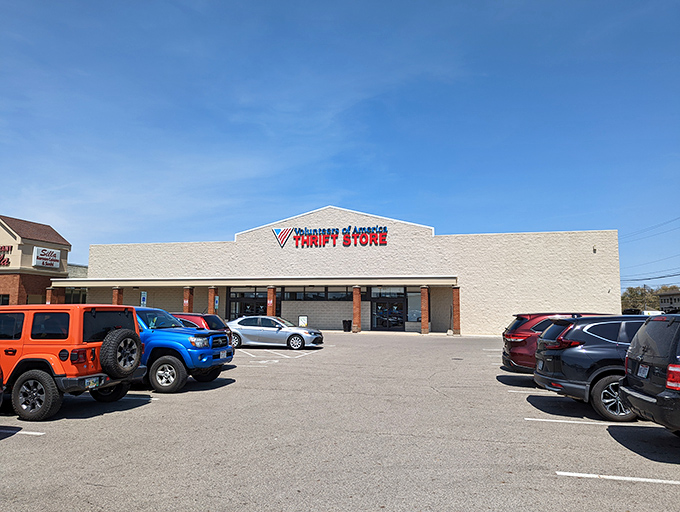 Sunshine bounces off this thrift store's sign, hinting at the bright deals waiting inside this Columbus secondhand sanctuary.