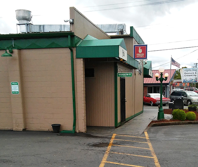 The green trim and simple exterior promise honest cooking without the downtown Portland prices.