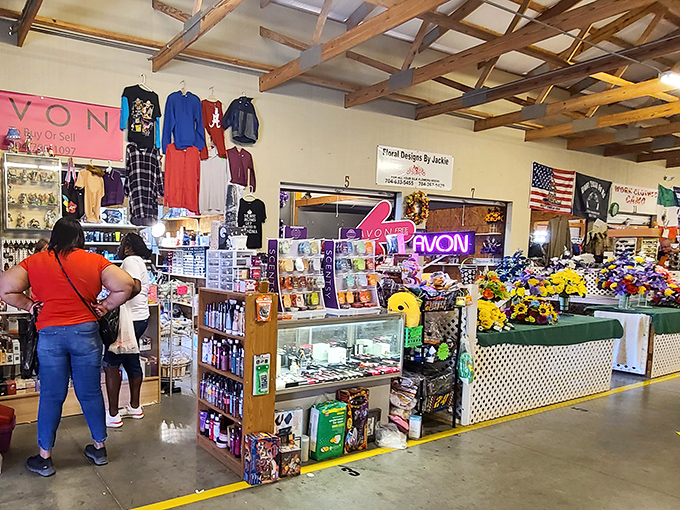 Under the covered pavilion, shoppers browse organized displays filled with everything imaginable and then some.
