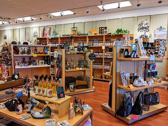 Wooden displays showcase Michigan treasures - proof that local shopping still beats online clicking every time.