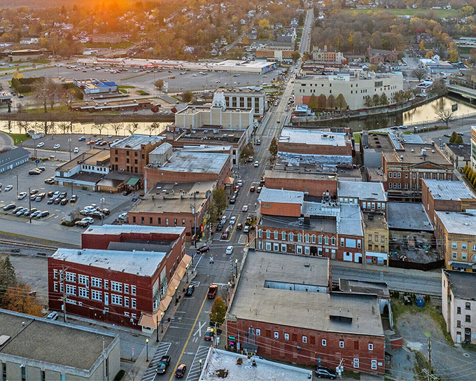 A bird's-eye view reveals Sharon's compact downtown, where the grid pattern makes navigation a breeze for newcomers and locals alike.