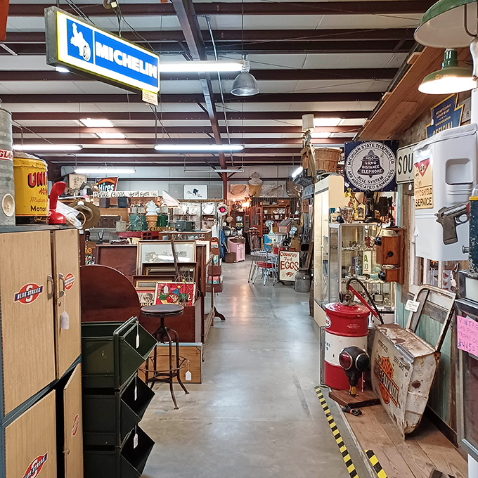 Walking these aisles feels like strolling through America's attic, with the iconic Michelin Man keeping watch over memories from simpler times.
