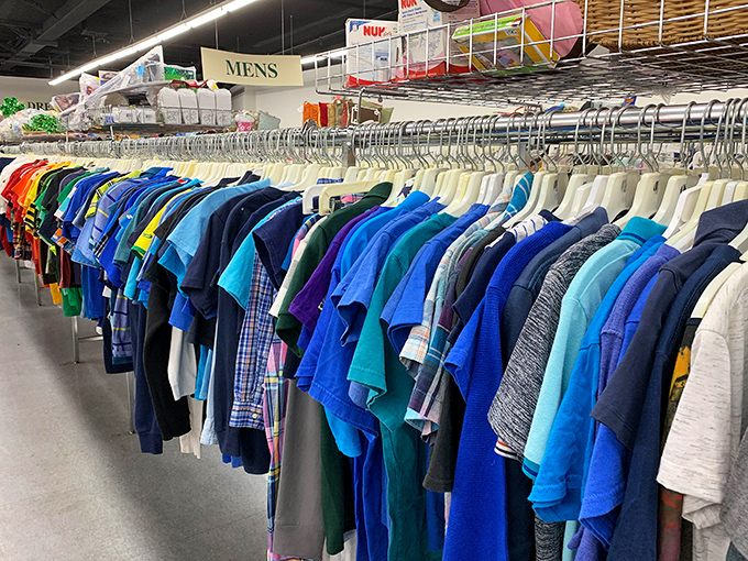 Rows of organized clothing stretch like a well-curated department store, minus the department store prices.