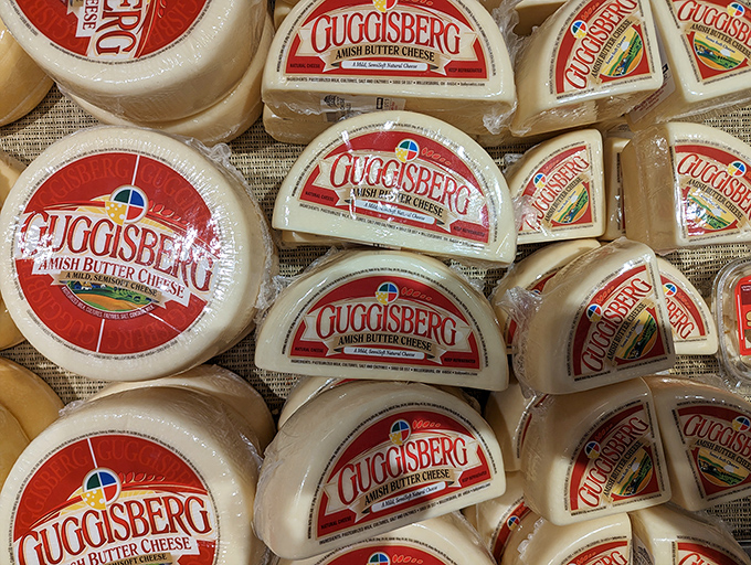 Amish Butter Cheese wheels await their destiny in your shopping basket. Resistance is futile, and your arteries will just have to understand.