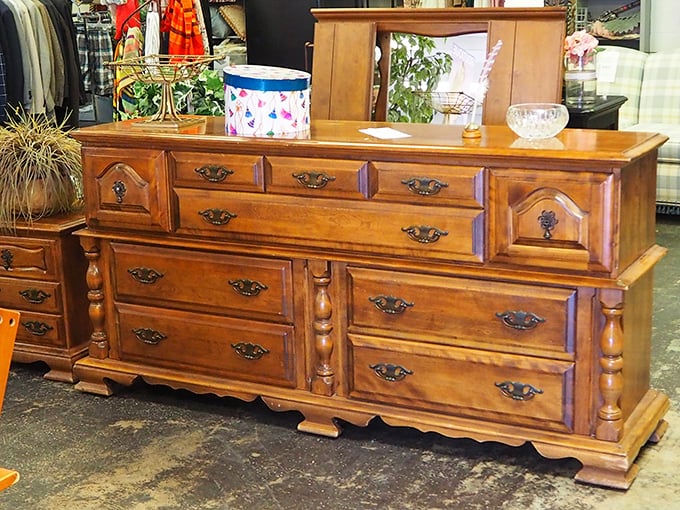 Elegant furniture pieces waiting patiently for their second act in someone's perfect living room.