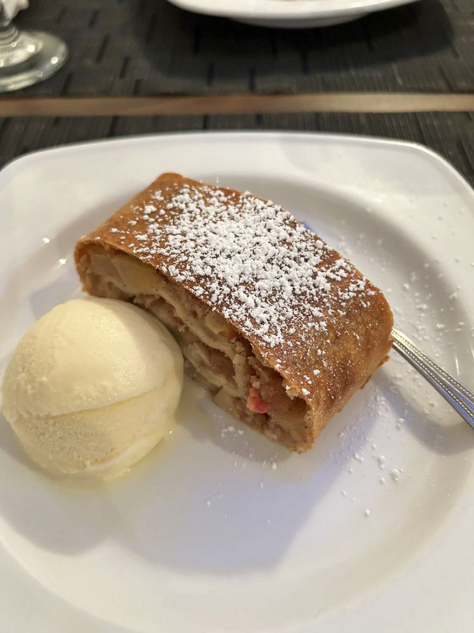 The star of the show: apple strudel with a scoop of vanilla ice cream. This isn't dessert; it's edible architecture with a dusting of powdered sugar snow.