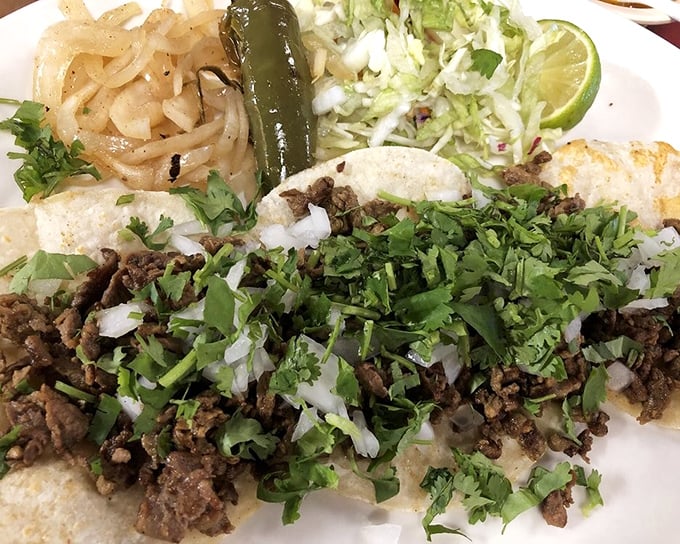 These street tacos aren't just food; they're a masterclass in simplicity. Fresh cilantro and onions dancing atop perfectly seasoned meat.