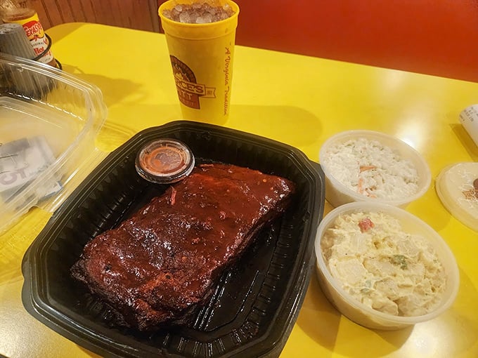 Behold, the star of the show: ribs glistening with sauce alongside creamy sides. This is Virginia's answer to barbecue prayers.
